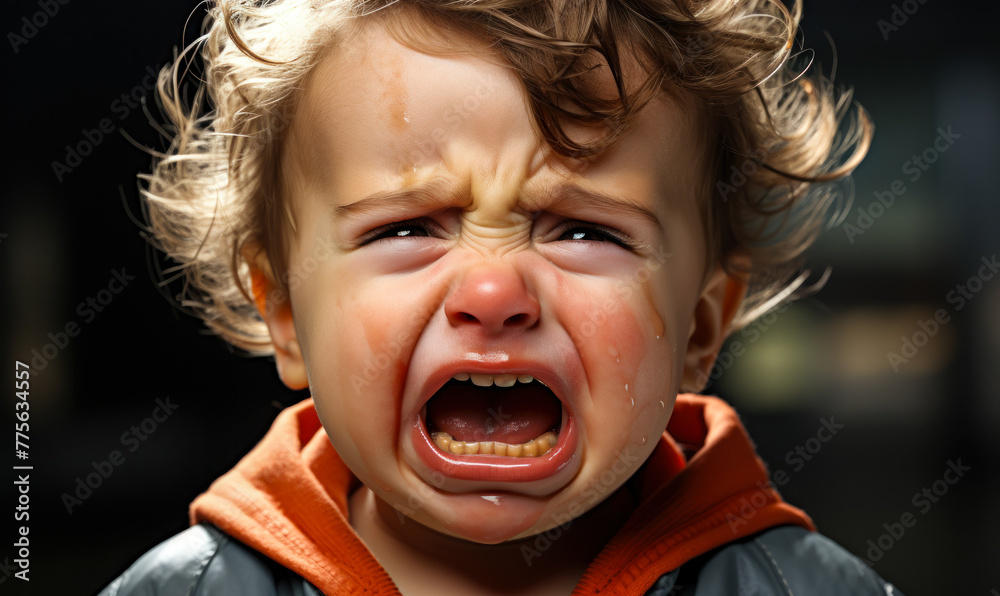 Portrait of a distraught toddler crying intensely with tears streaming ...