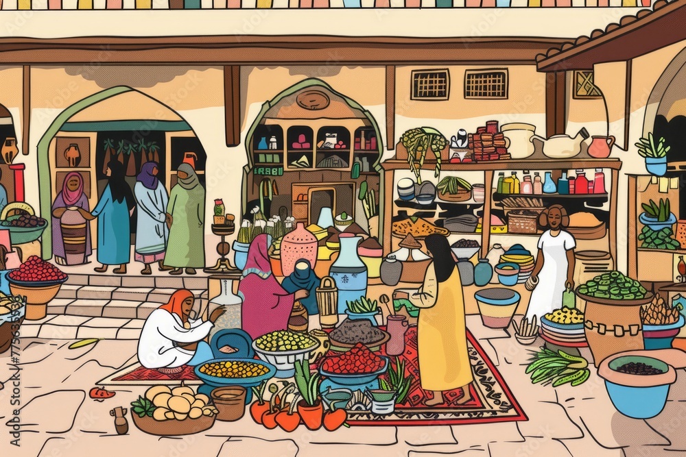 Cartoon cute doodles of a traditional Moroccan market bustling with ...