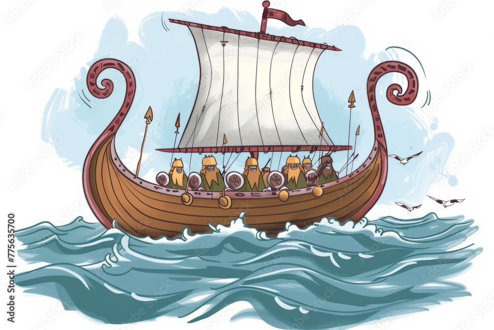 Cartoon cute doodles of a traditional Norwegian Viking longship sailing ...