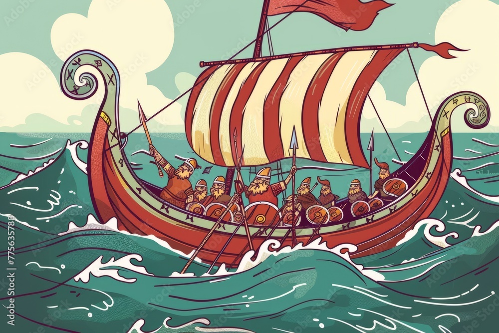 Cartoon cute doodles of a traditional Norwegian Viking longship sailing ...