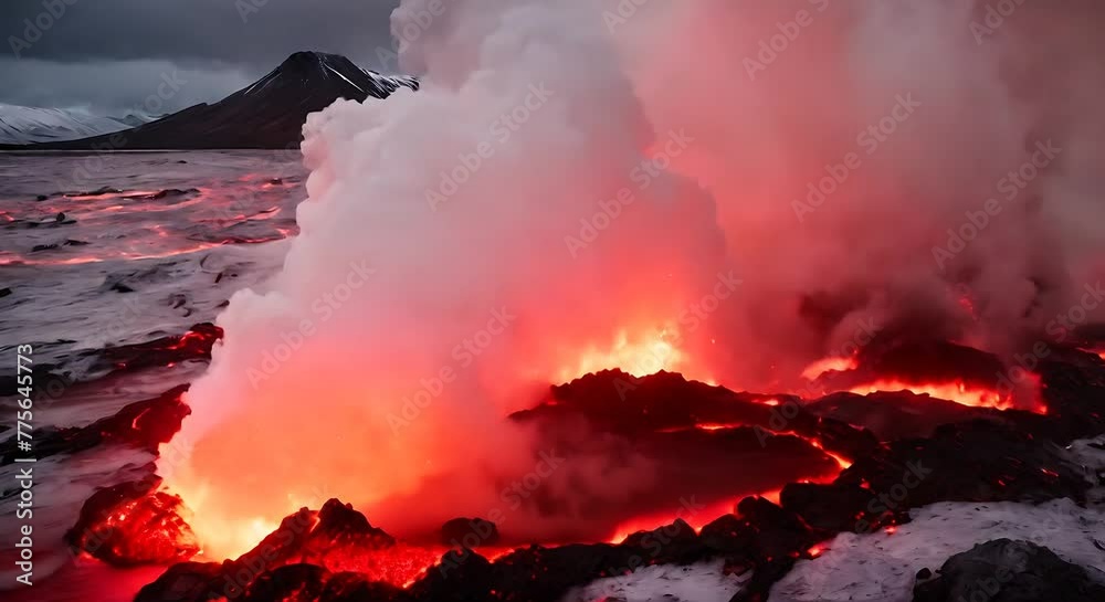 Watch as lava flows into the ocean with a towering mountain in the ...