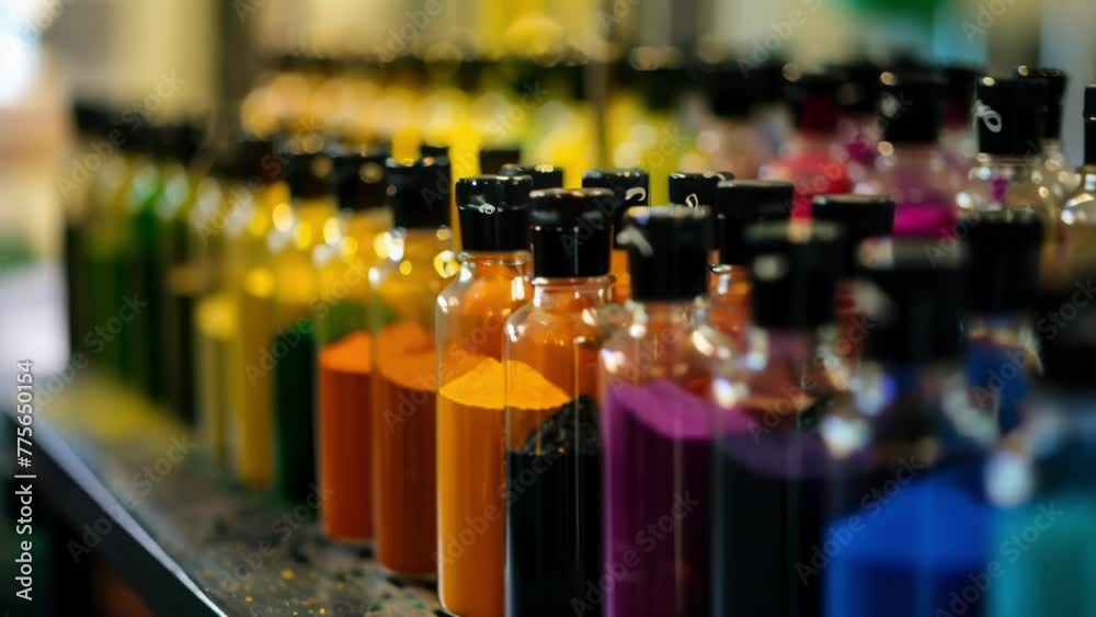 An array of labeled glass jars containing different stages of pigment ...