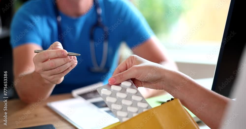 Medicine doctor woman writing prescription and pills to patient in ...