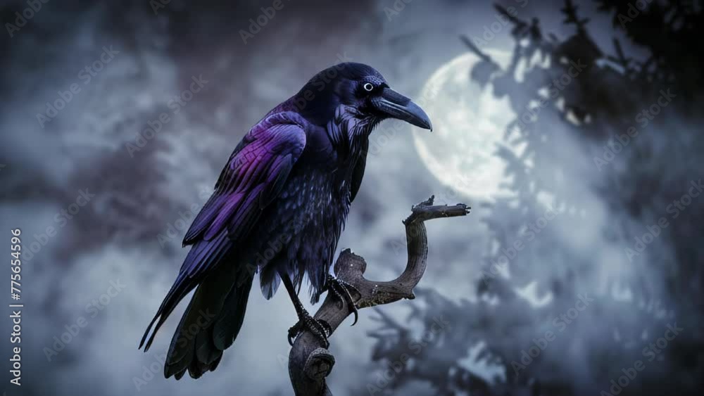 Under an eerie night sky veiled in mist, a raven perches on a branch ...