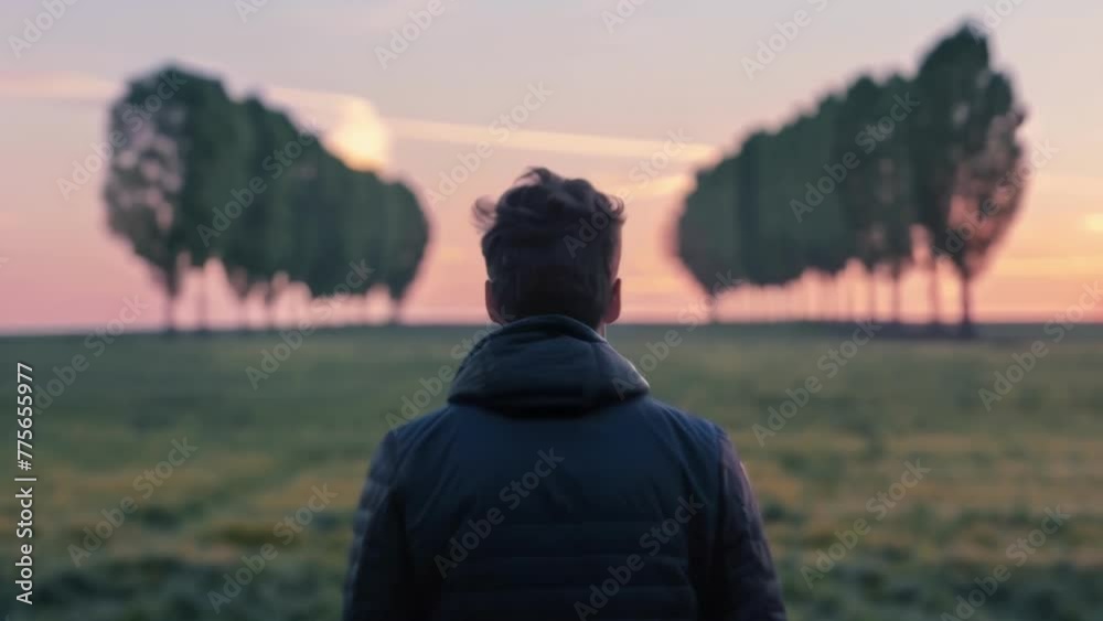A man stands on an open field facing away from the camera as he gazes ...