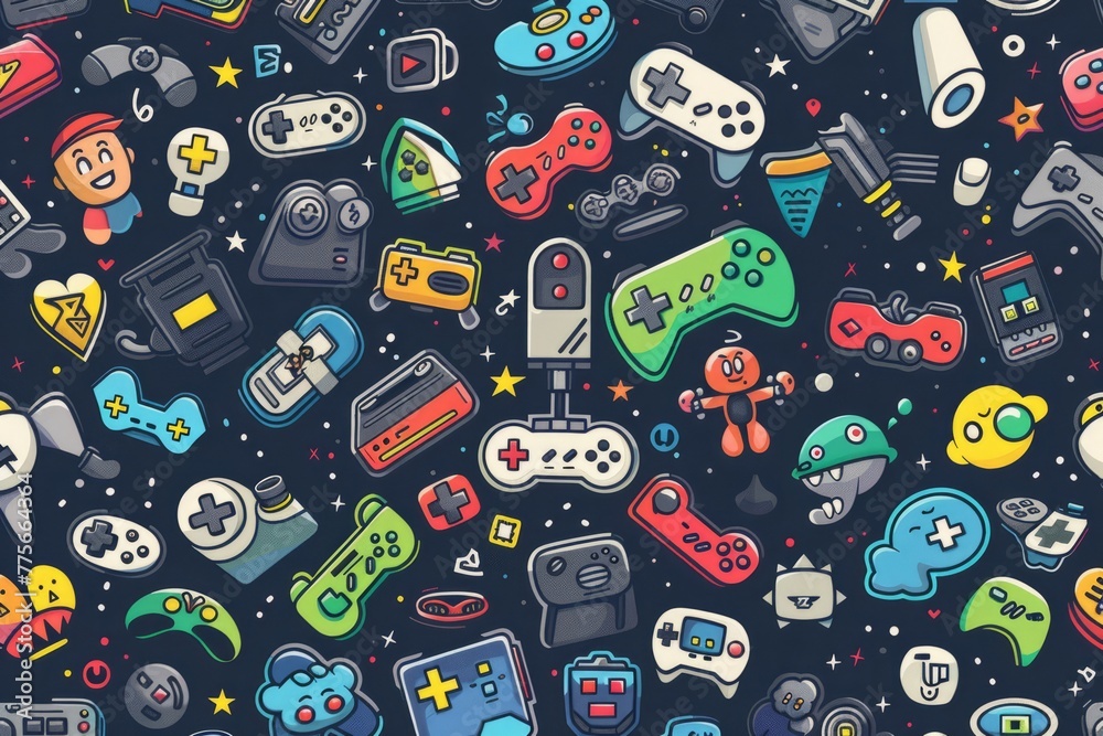 Cartoon cute doodles of a retro arcade pattern with colorful pixels ...