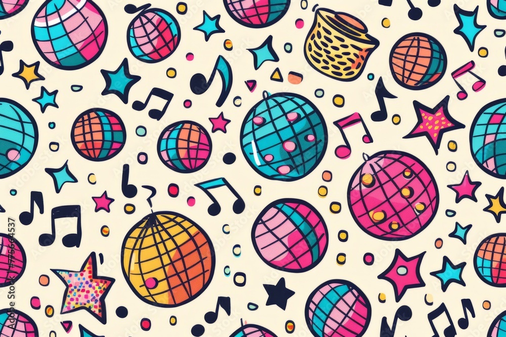 Cartoon cute doodles of a retro disco pattern featuring colorful disco ...