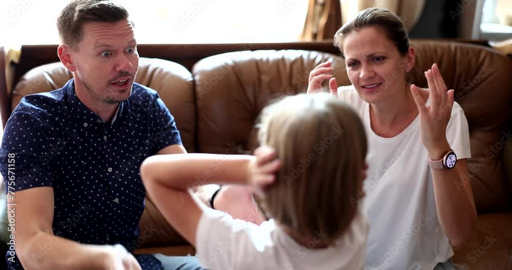 Father and mother chastise and yell at daughter for disobedience. Angry ...