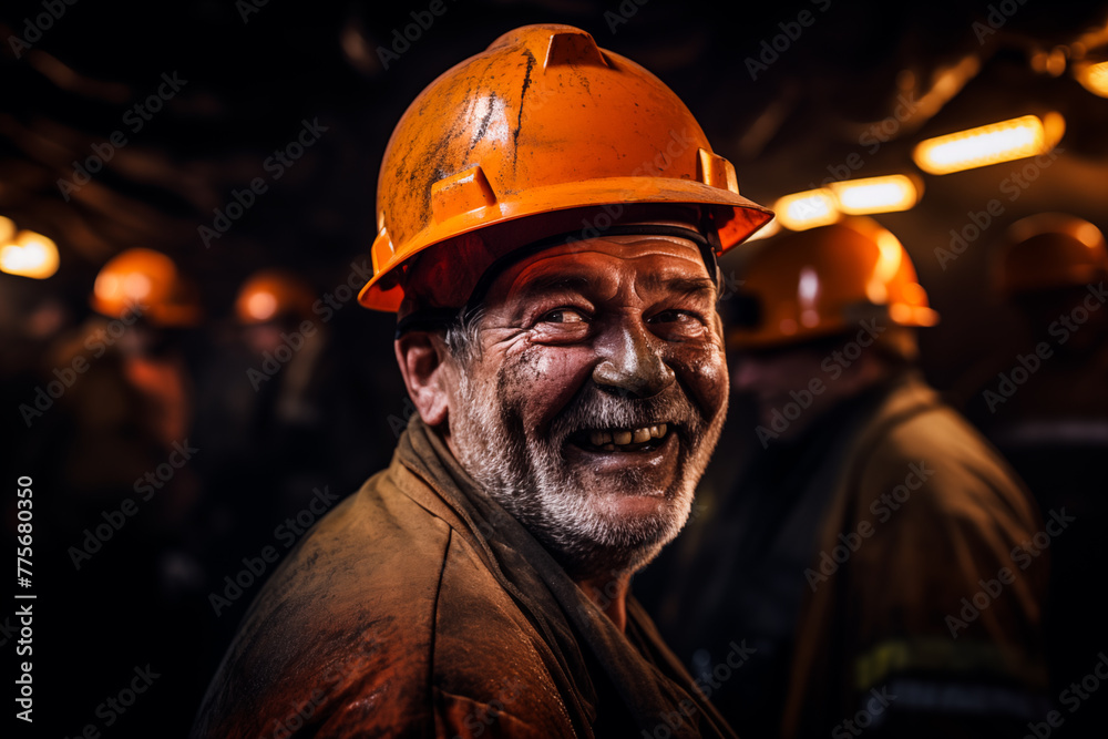 Portrait of a miner. A smiling coal miner wearing a dirty helmet with a ...