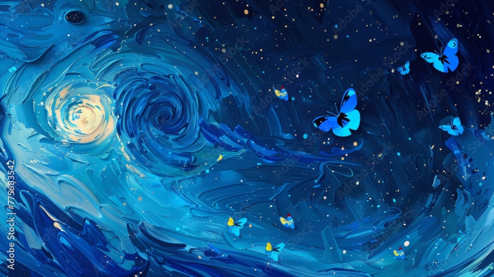 minimalist starry night in a completely blue and vibrant universe with ...