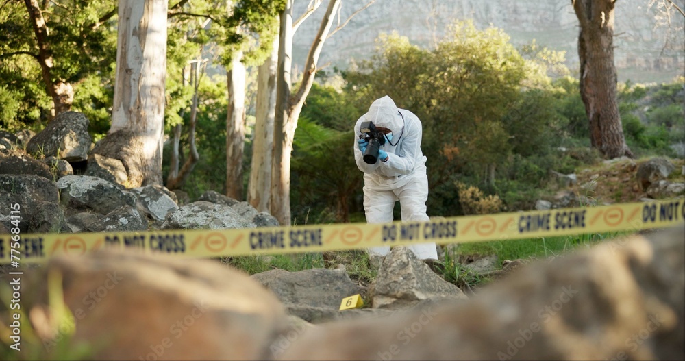 Forensic, photographer and evidence at crime scene for investigation in ...