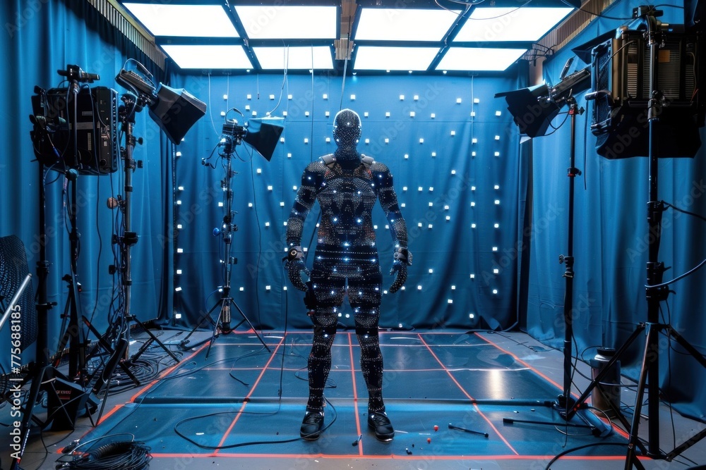Motion capture suit for VFX and animation production. Actor in a full ...