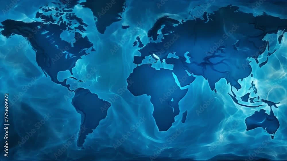 A map of the world depicted in blue water. Watch as the continents and ...