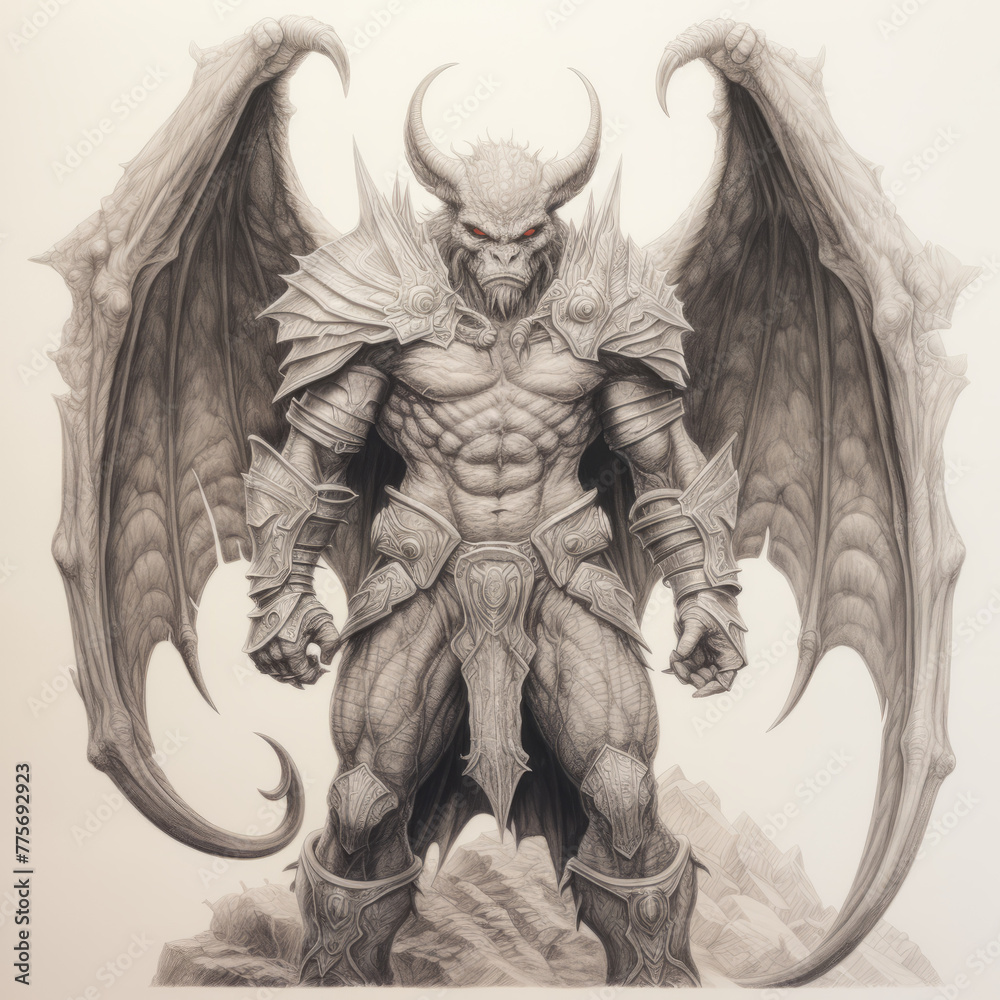 Pencil drawing of full body winged Gargoyle wear armor on white ...