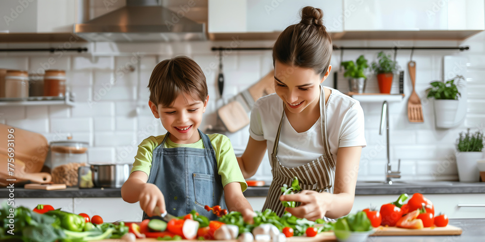 Cute ten years old boy helping his mother to cook food in kitchen. Mom ...