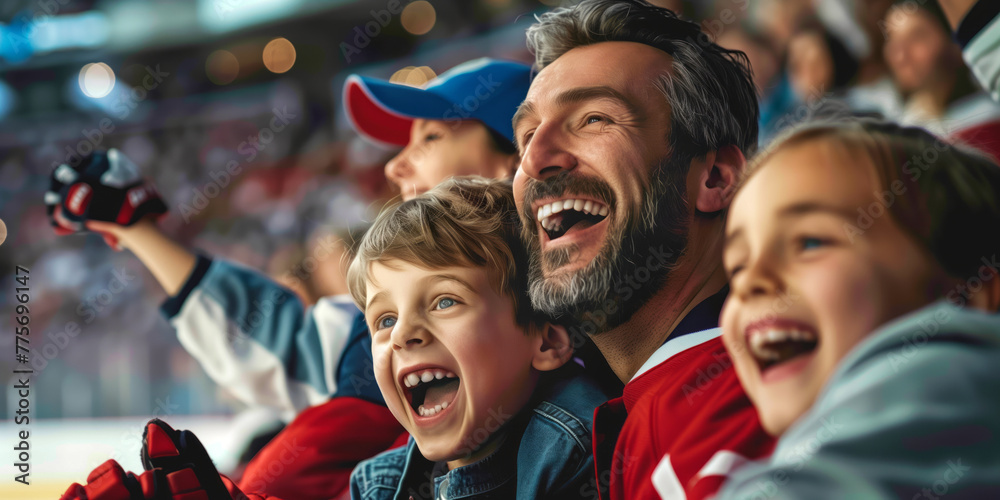 Excited parents and kids celebrating the victory of their team. Sports ...