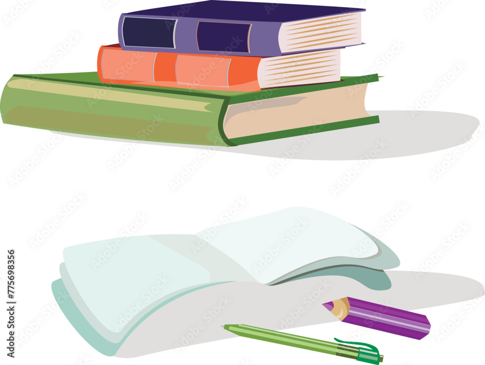 Vector illustration of a stack of books, an open notebook, a ballpoint ...