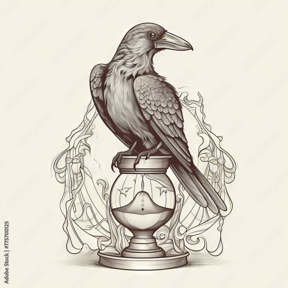 Tattoo design of a crow standing on a sand clock on white background ...