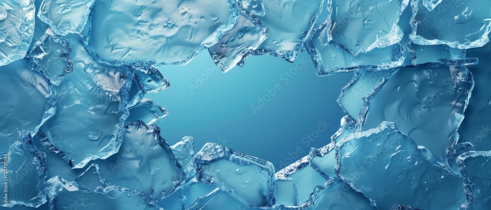 The background is broken blue ice with a rectangle hole and a frame in ...