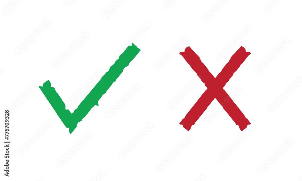 Sign green tick and red cross. Checking handwriting symbols, positive ...