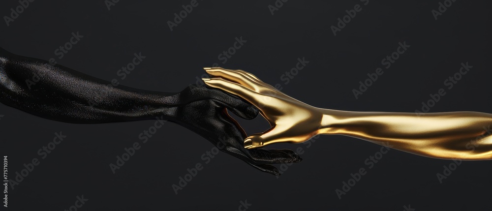 The 3D rendering shows black gold female hands isolated on a minimalist ...