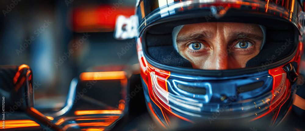 portrait of a male Formula One racer pilot in helmet in a racing car F1 ...