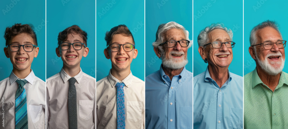 A vertical split photo of the same person at different ages, from baby ...