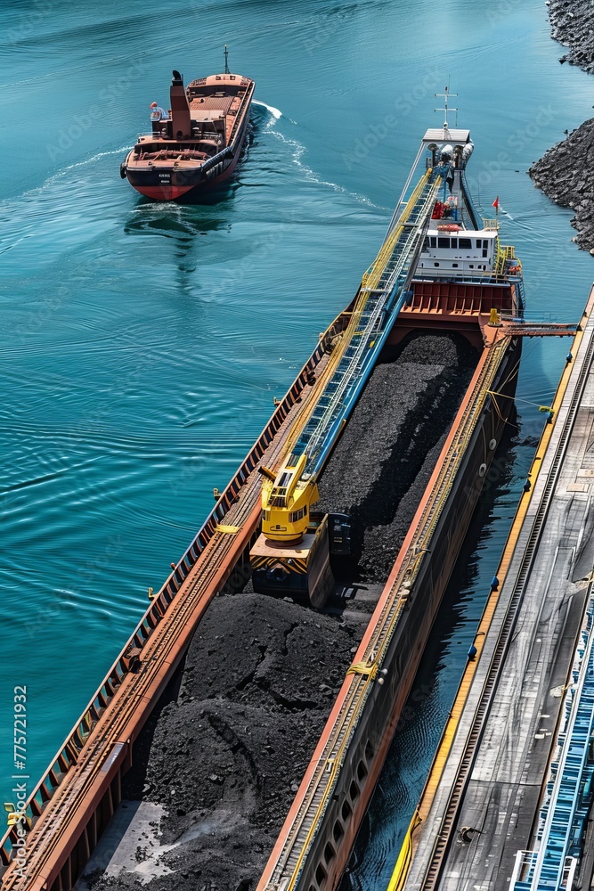Coal Barge Being Loaded With Coal at a Mining Port Facility, With ...