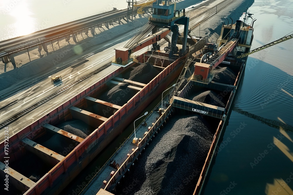 Coal Barge Being Loaded With Coal at a Mining Port Facility, With ...