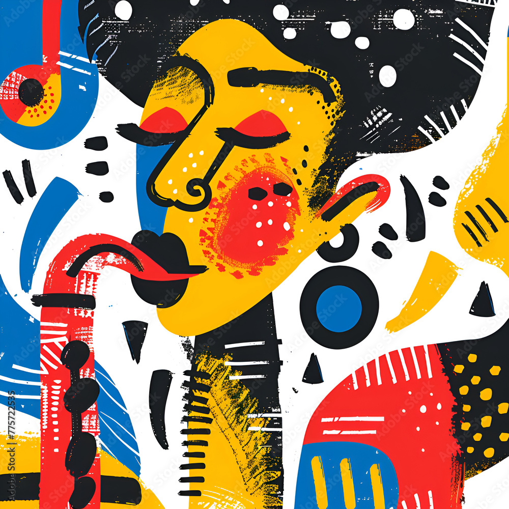 Abstract colorful artwork featuring a stylized human figure and musical ...