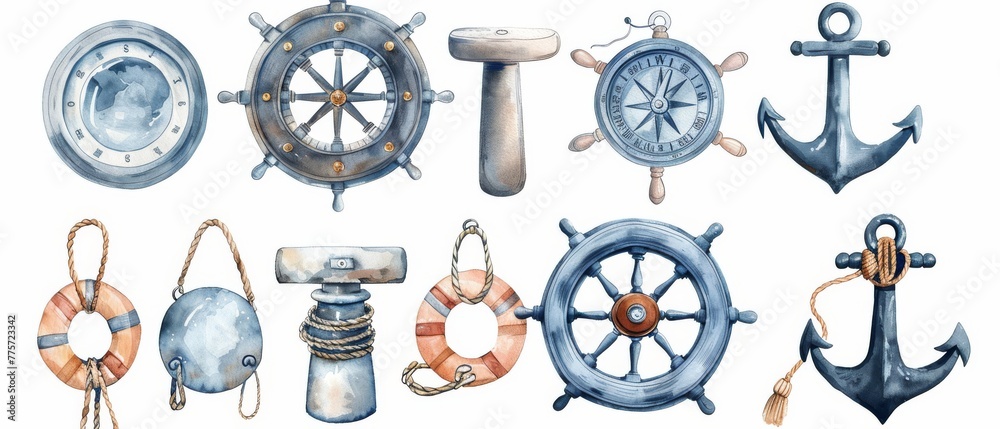 An illustration of nautical symbols, including rigging symbols, anchors ...