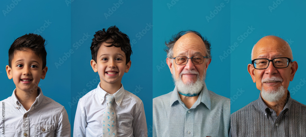 A vertical split photo of the same person at different ages, from baby ...