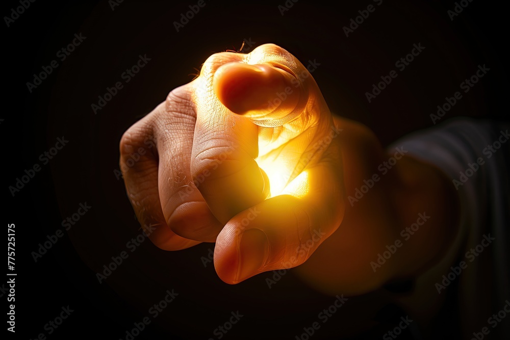 A hand with light glowing from the palm on black background. A pointing ...