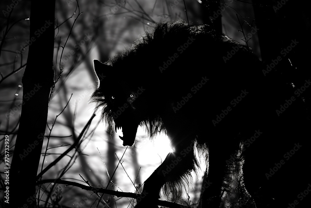 Werewolf silhouette in the dark woods at twilight. Mythical Navajo skin ...