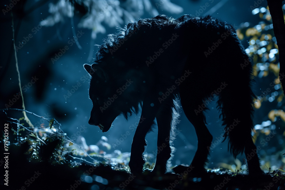 Werewolf silhouette in the dark woods at twilight. Mythical Navajo skin ...