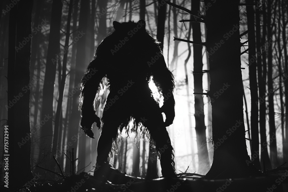 Werewolf silhouette in the dark woods at twilight. Mythical Navajo skin ...