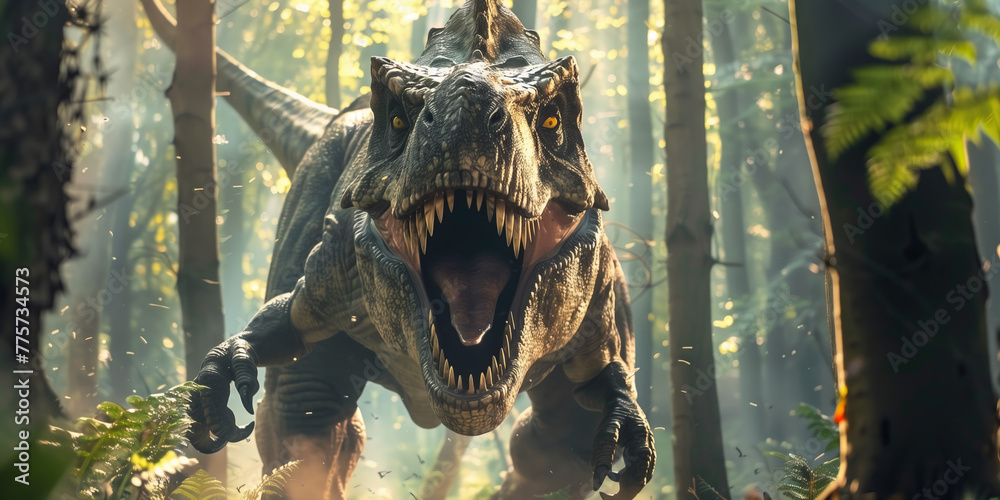 T Rex Dinosaur running through the woods forest, jurrasic age, scary ...