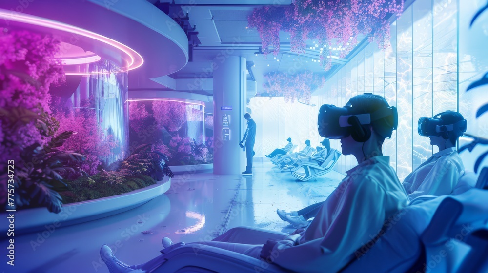 Virtual reality therapy session inside a futuristic hospital, patients ...