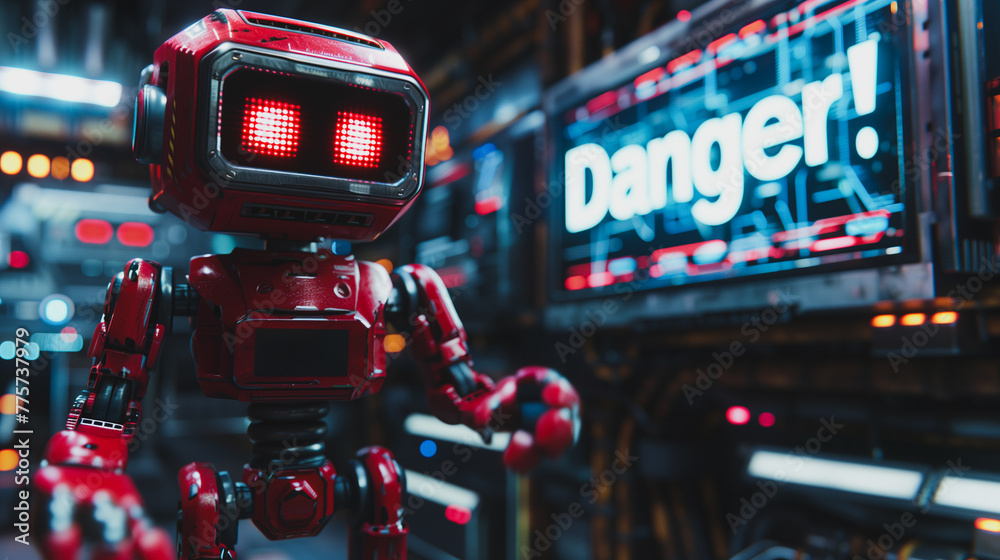 A robot with red eyes stands in front of a sign that says Danger. The ...