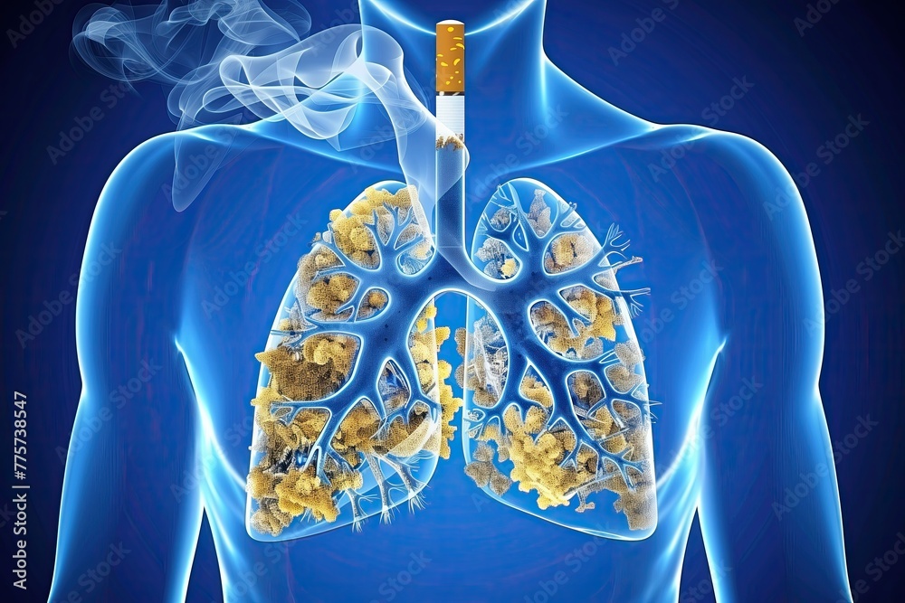 An illustration of human lungs made from cigarette smoke and cigarettes ...