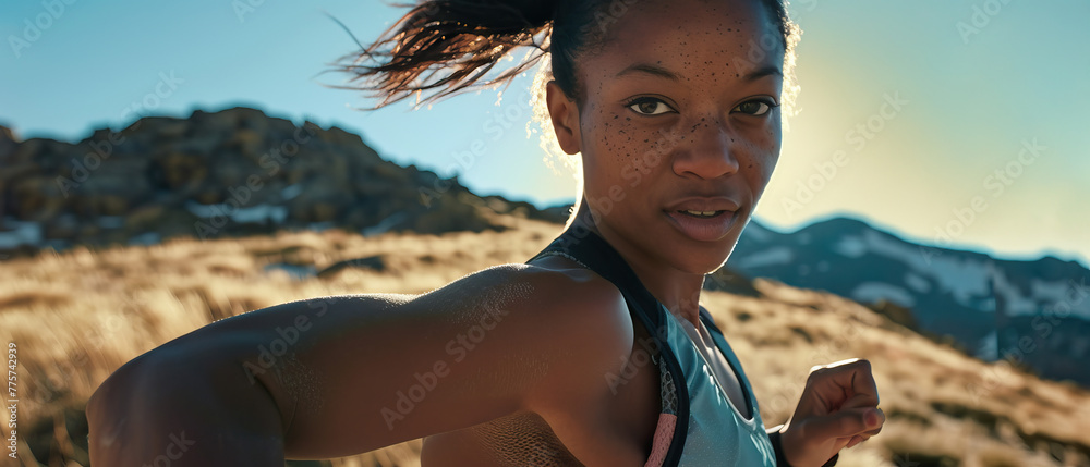 Close-up macro portrait of long distance ultra marathon trail running ...