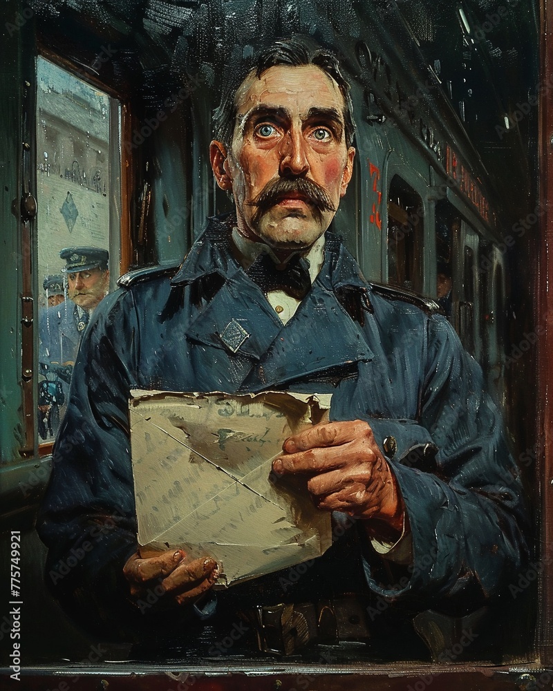 The scene depicts the postman focused expression as he hurries to ...