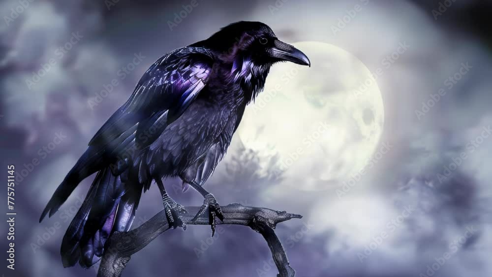 Vidéo Stock Under an eerie night sky veiled in mist, a raven perches on ...