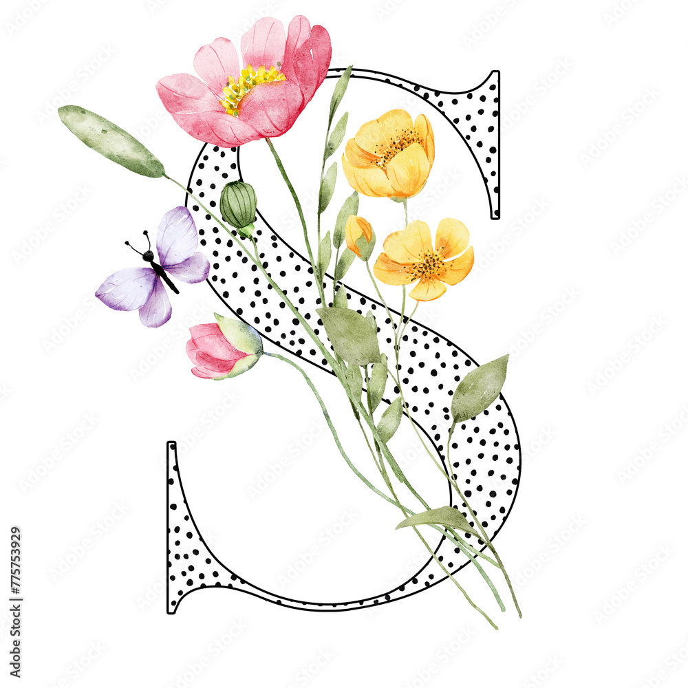 Letter S with watercolor flowers and leaf. Monogram initial, letterhead ...