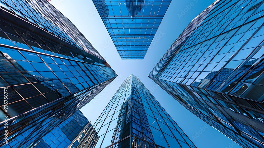 Upward view of gleaming skyscrapers under a clear blue sky. Modern ...