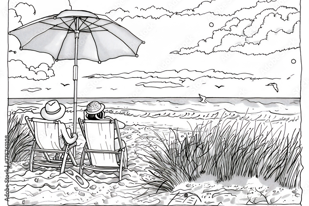 Coloring Pages of tropical beach in summer Stock Illustration | Adobe Stock