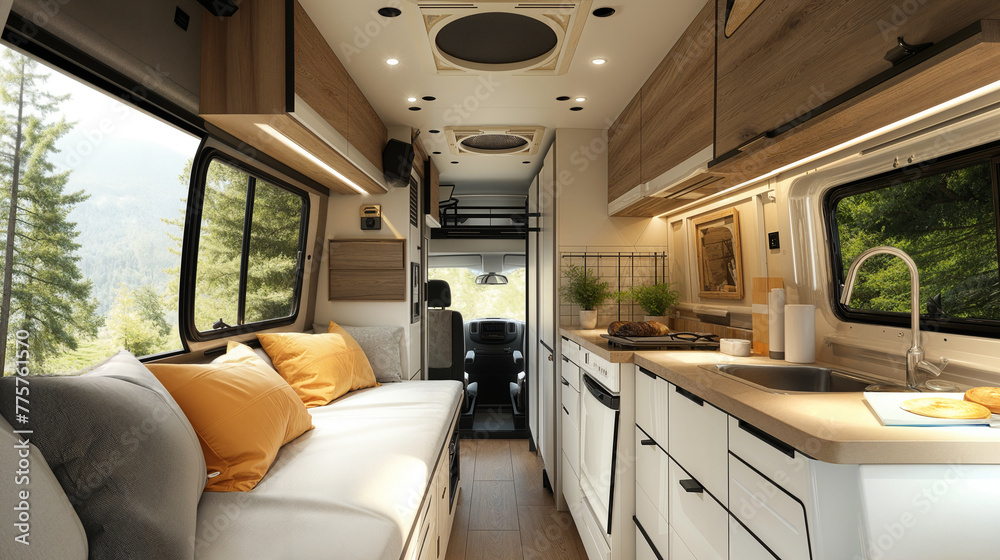 Inside a modern camper van, the cozy interior is fully equipped for a ...