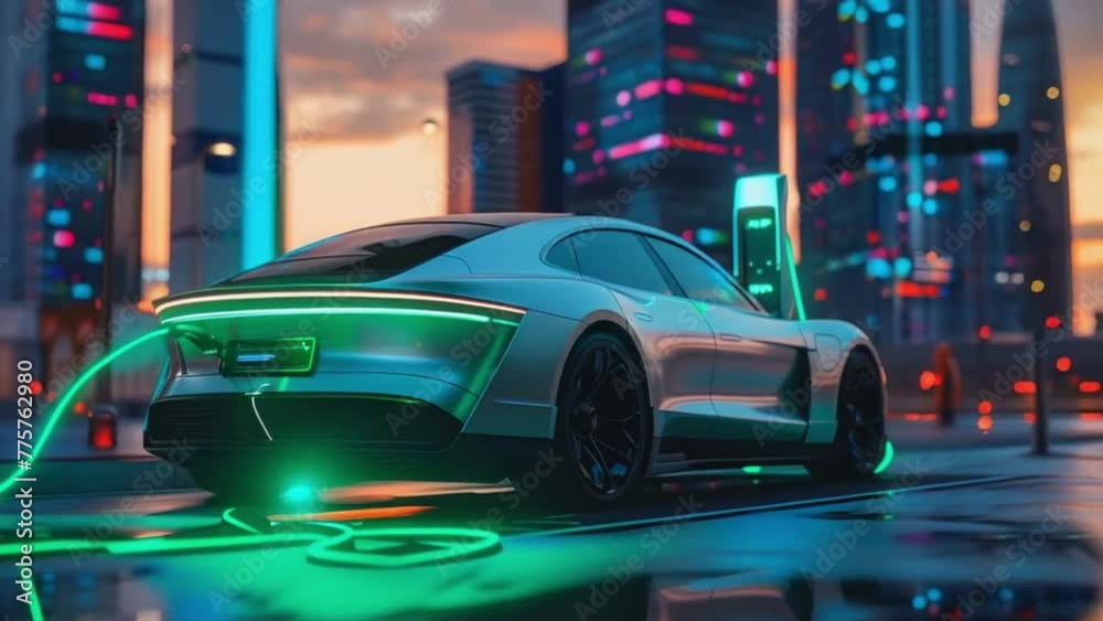 Futuristic super-fast speed electric sports car in city charging ...