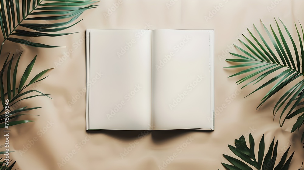 Open blank book on a beige background surrounded by tropical leaves ...