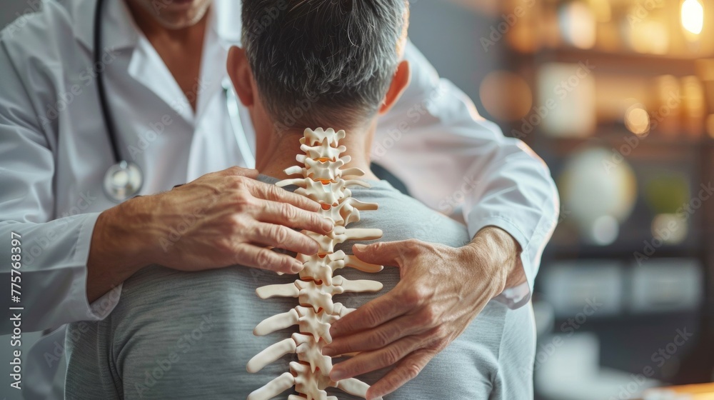 Male doctor examining the spine of a male patient with back pain and ...